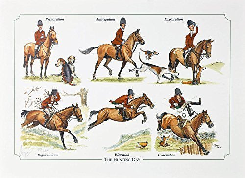 The Hunting Day fox hunting, horse and hound themed, cartoon illustrat ...