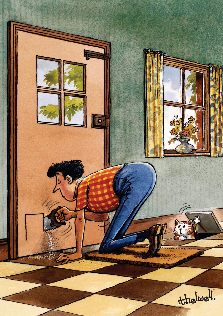Cat cartoon greeting card. Cat Flap by Thelwell – CountrysideGreetings